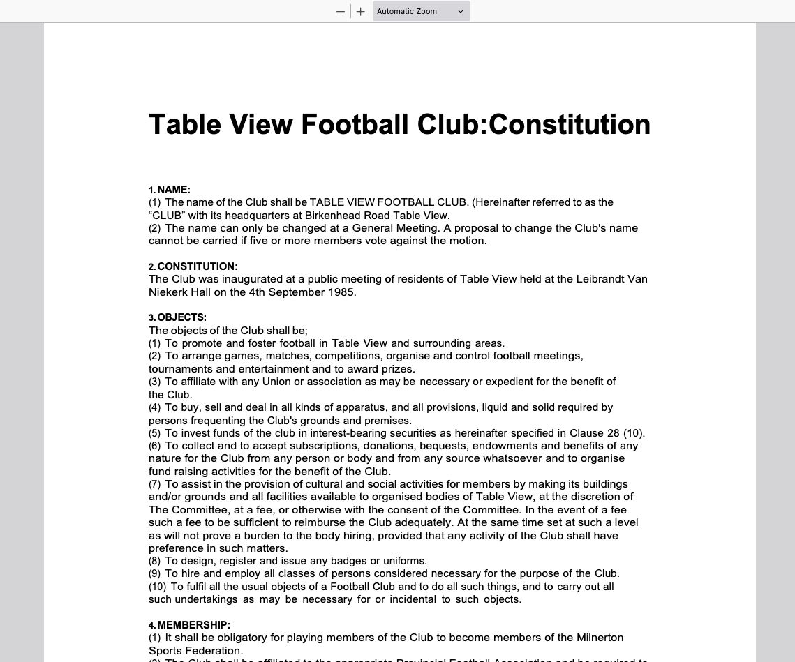 TVFC Constitution | Table View Football Club